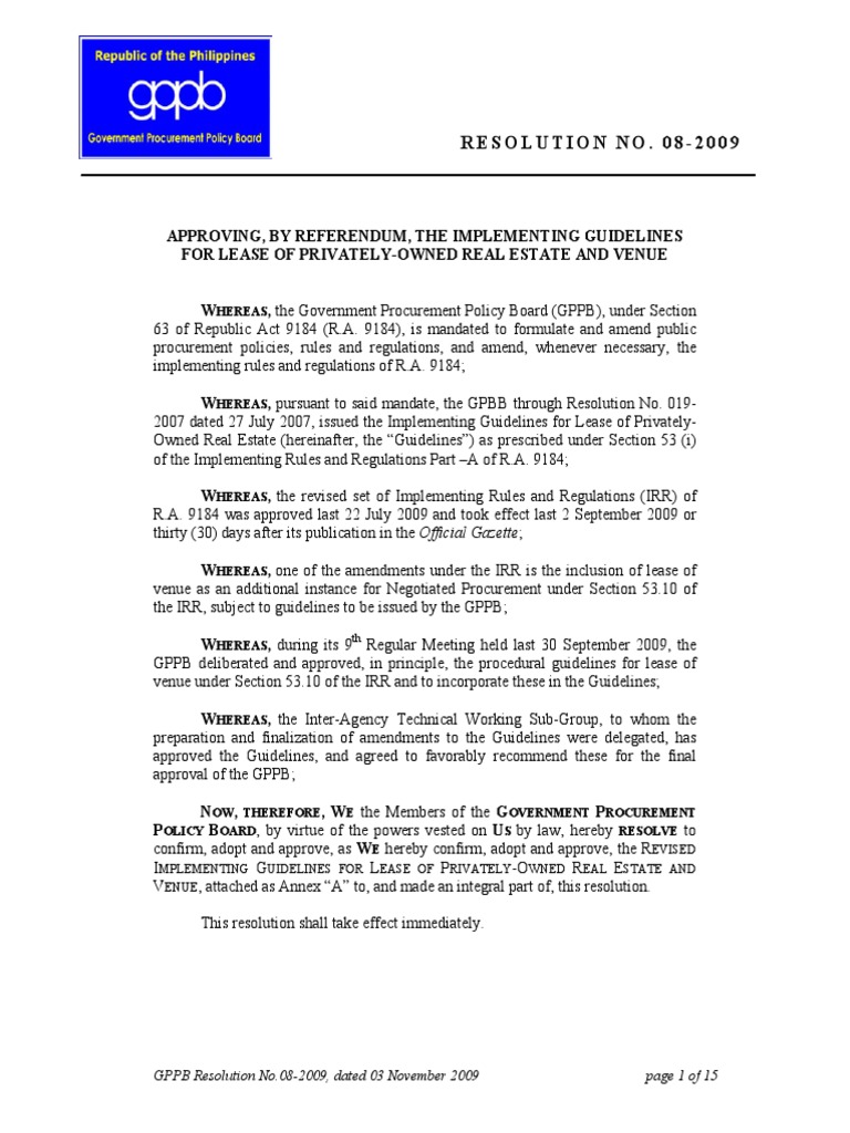 GPPB Reso 08-2009 - Implementing Guidelines For Lease of Privately Owned Real Estate and Venue ...