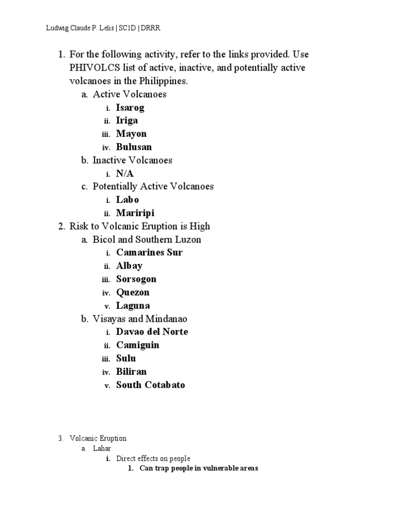 Isarog Iriga Mayon Bulusan N/A Labo Mariripi: I. Ii. Iii. Iv. I | PDF ...