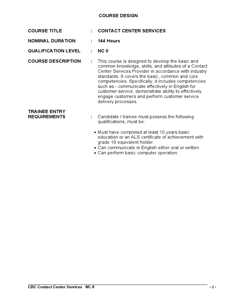 Course Design: CBC Contact Center Services NC II - 1 | Download Free ...