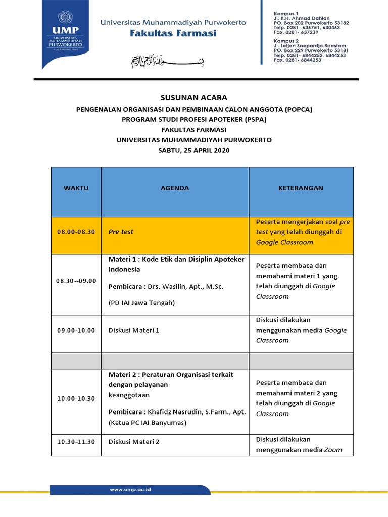 Susunan Acara POPCA Angkatan 30 - PSPA Farmasi UMP - Peserta PDF | PDF