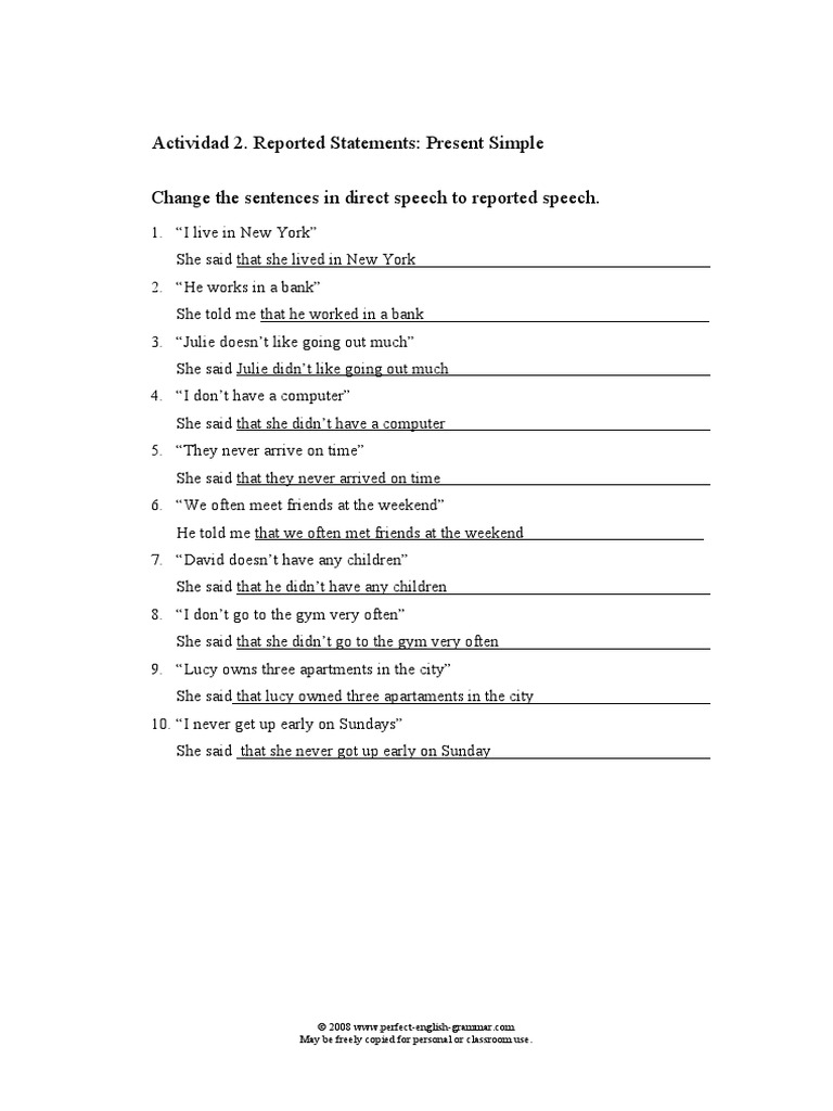Actividad 2. Reported Statements: Present Simple Change The Sentences in Direct Speech To ...