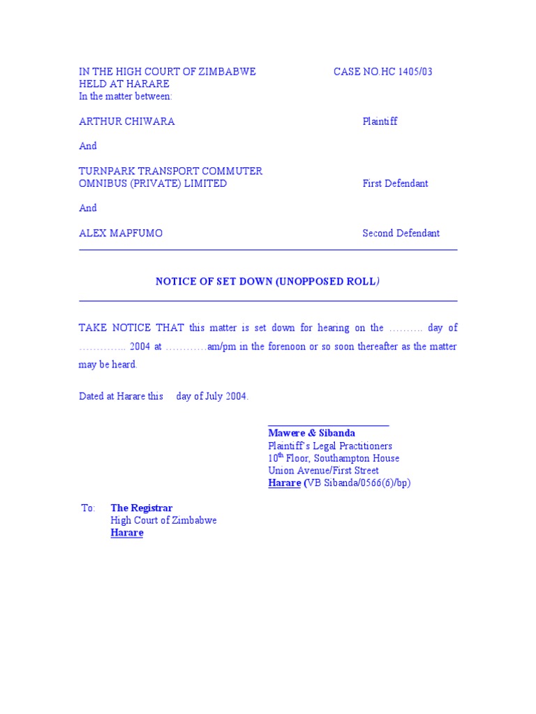 Notice of Set Down (Unopposed Roll) | PDF | Default Judgment | Damages