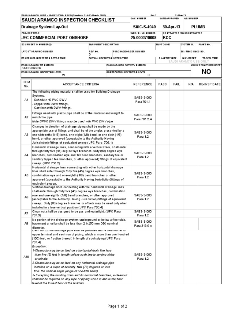 Saudi Aramco Inspection Checklist: Plumb Drainage System Lay-Out SAIC-S ...