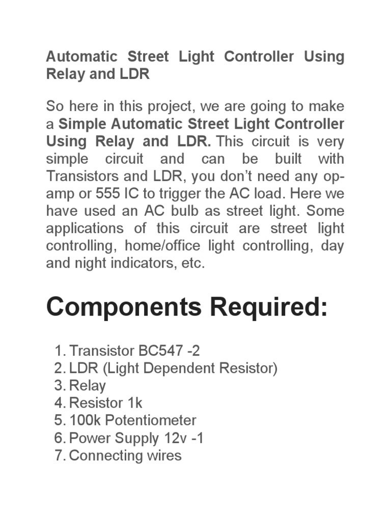 Automatic Street Light Controller Using Relay and LDR | PDF ...