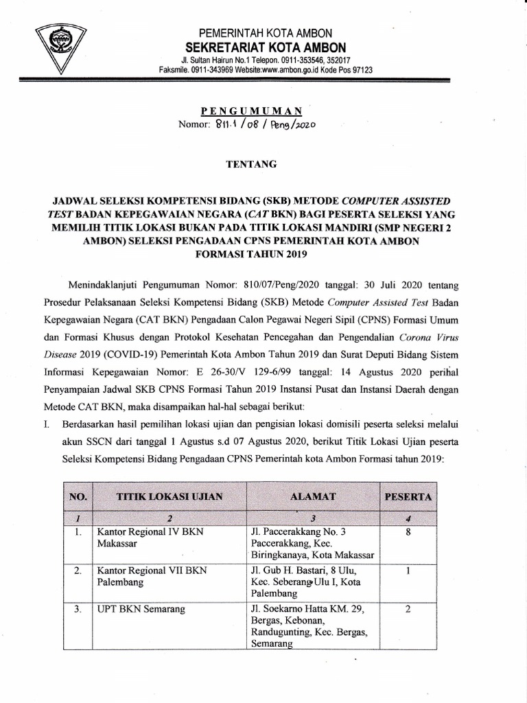 Pengumuman Jadwal SKB CPNS (Tilok BKN) PDF | PDF