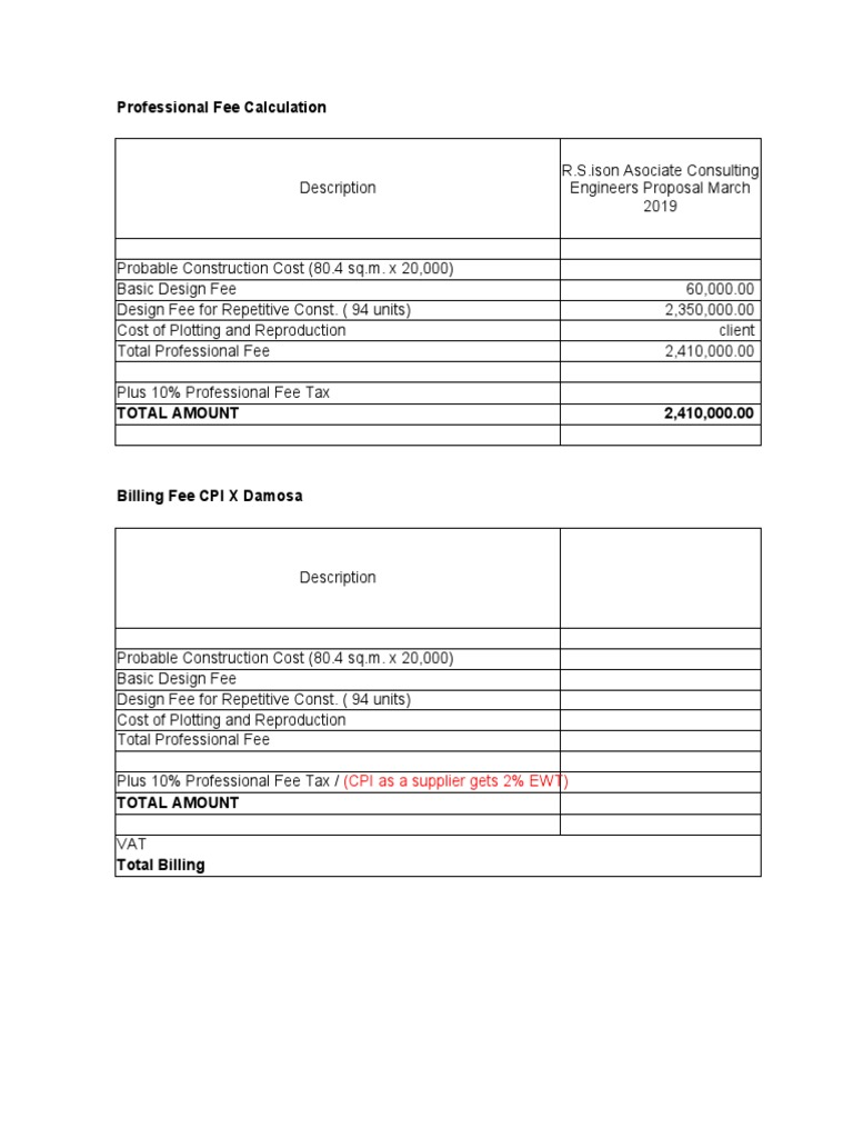 Professional Fee Calculation: (CPI As A Supplier Gets 2% EWT) | PDF ...
