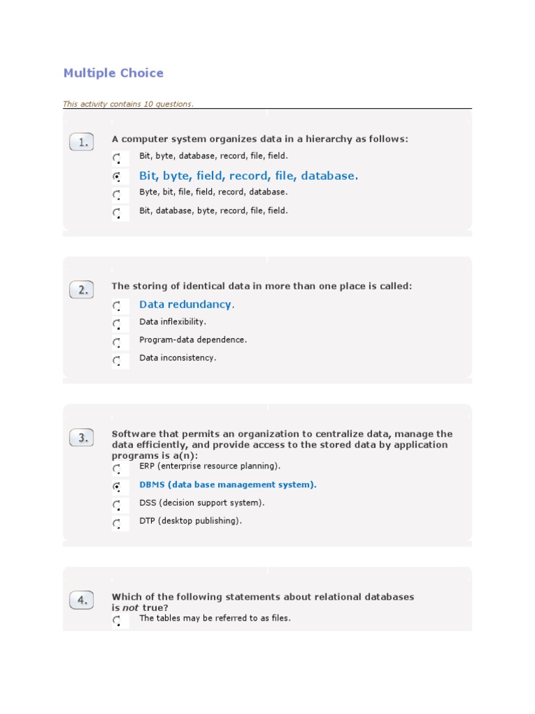 Multiple Choice: Bit, Byte, Field, Record, File, Database | PDF | Mainframe Computer | Databases