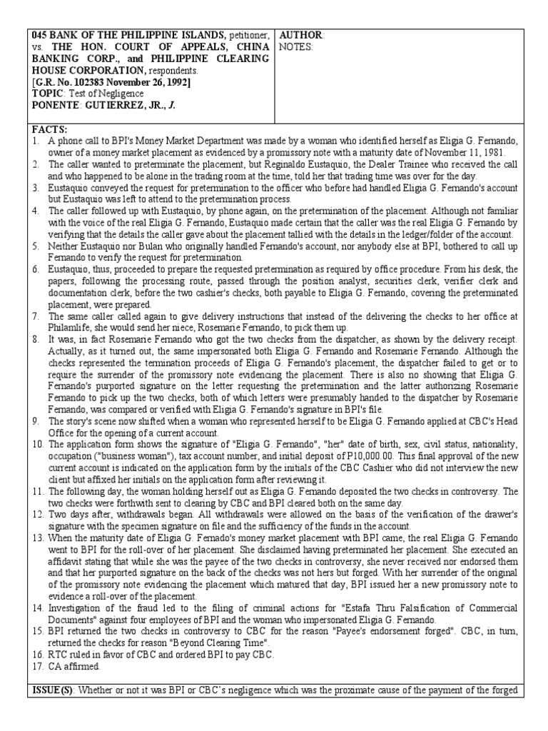 BPI Vs CA 216 SCRA 51 1992 | PDF | Cheque | Negligence