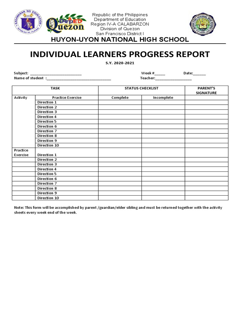 Individual Learners Progress Report: Huyon-Uyon National High School ...