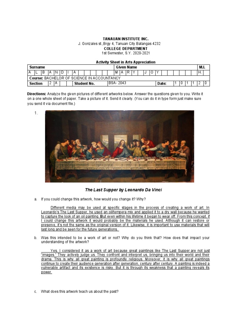 Art Appreciation Activity: Analyzing Masterpieces | PDF | Paintings ...