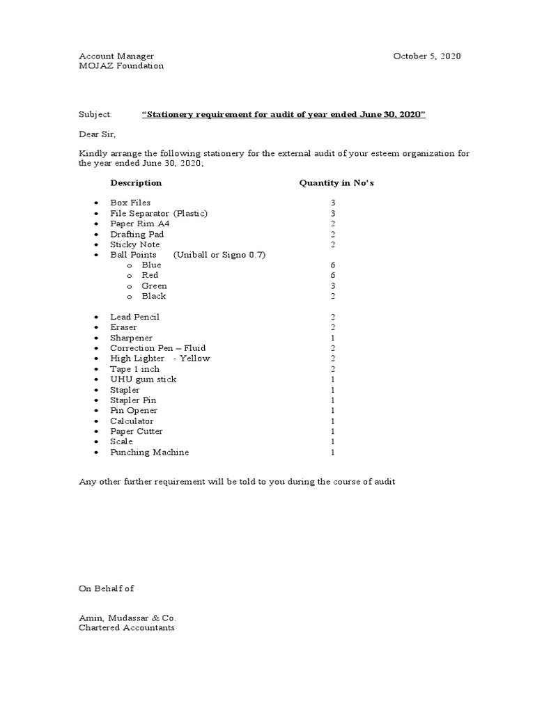 Stationery Requirements for Audit 2020 | PDF