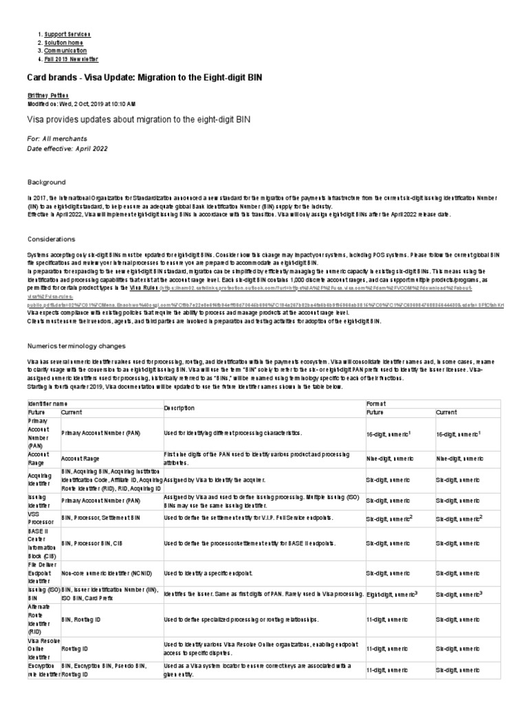 Card Brands - Visa Update - Migration To The Eight-Digit BIN - Support ...