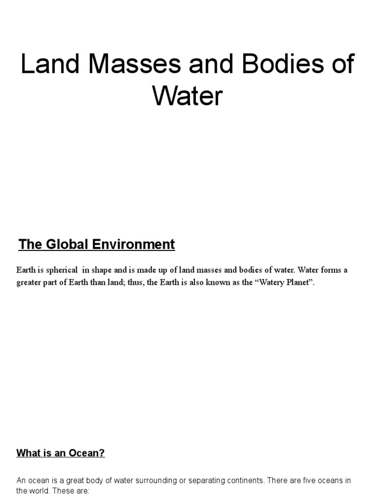 Land Masses and Bodies of Water For Grade 6 | PDF