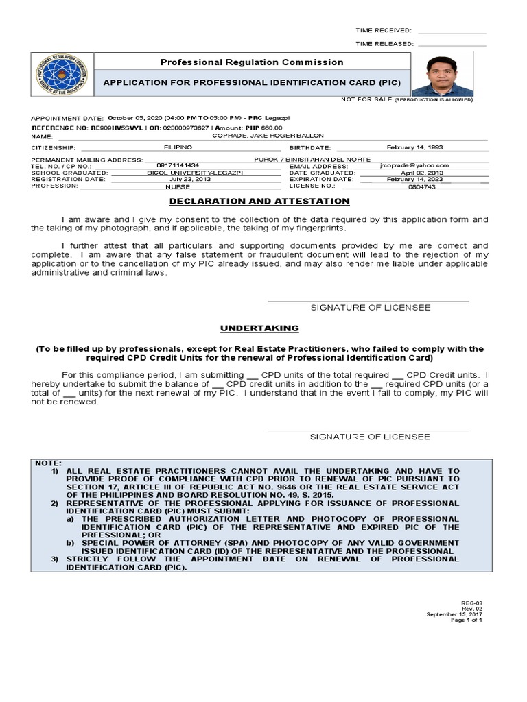Application for Renewal of Professional Identification Card for Jake ...