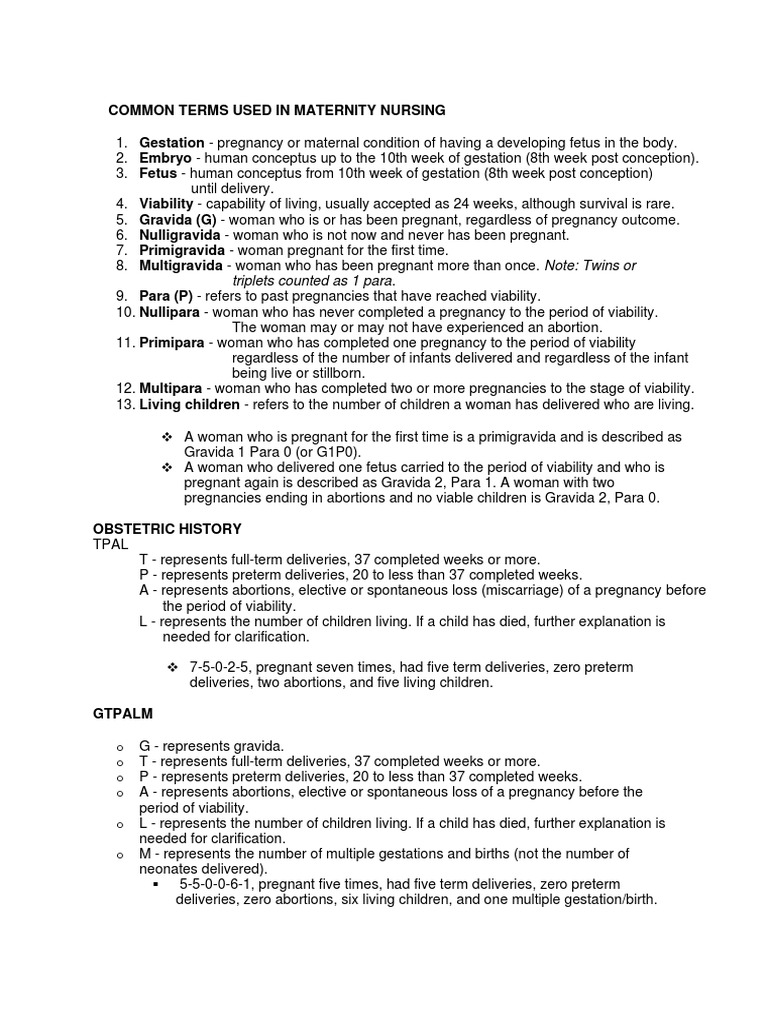 Common Terms Used in Maternity Nursing: Triplets Counted As 1 para ...