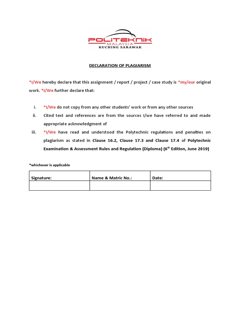 Declaration of Plagiarism: I/We My/our I/We | PDF