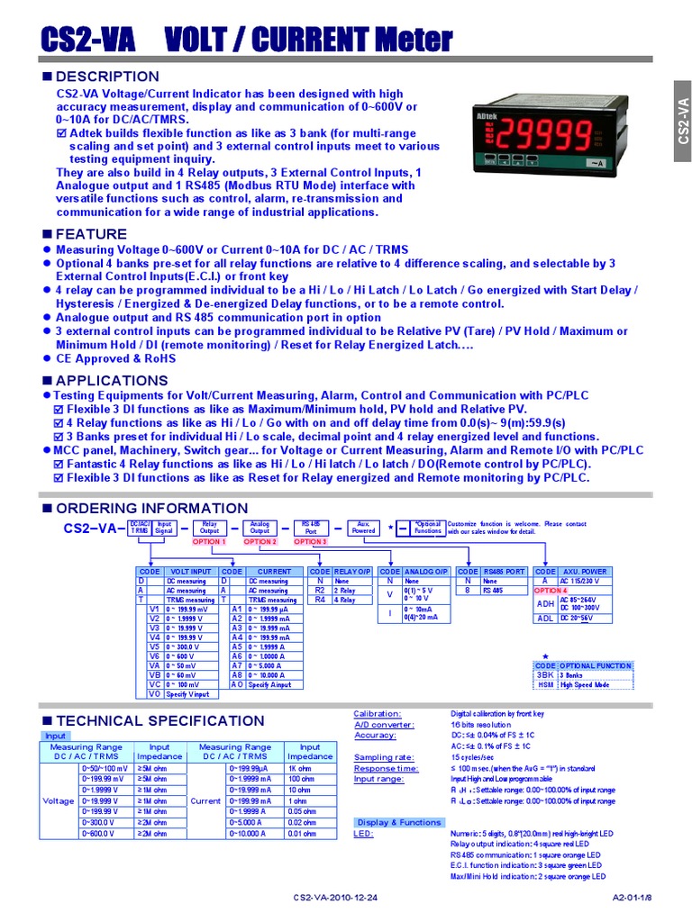 Cs2-Va Volt / Current Meter: Description | PDF | Relay | Power Supply