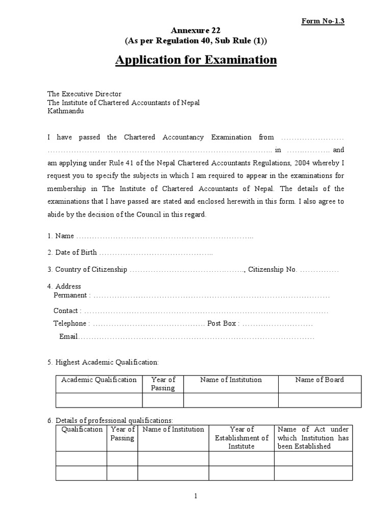 Application For Examination: Annexure 22 (As Per Regulation 40, Sub ...