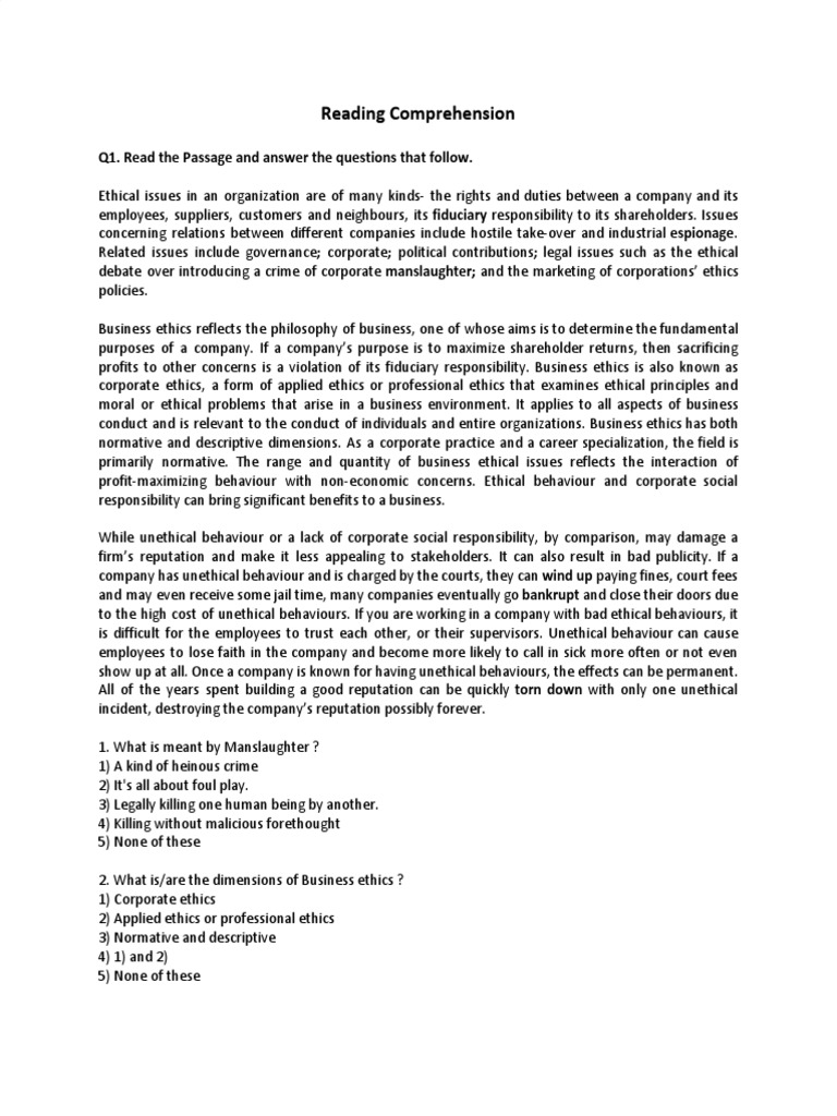 Reading Comprehension: Q1. Read The Passage and Answer The Questions ...