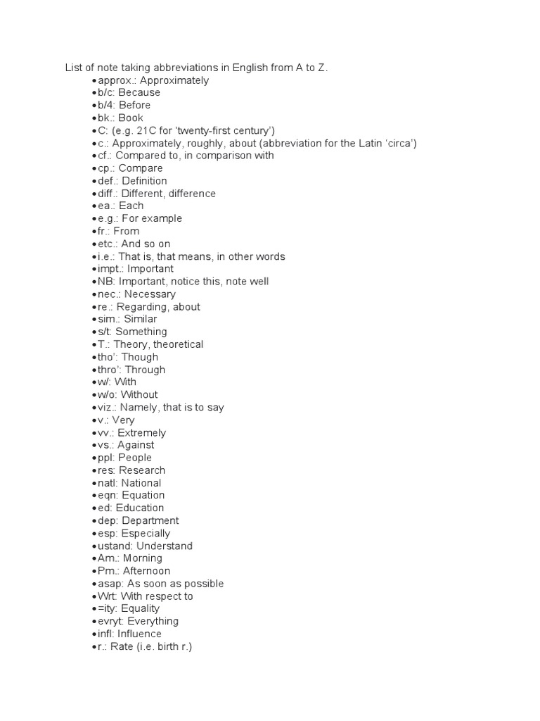 List of Note Taking Abbreviations in English From A To Z | PDF