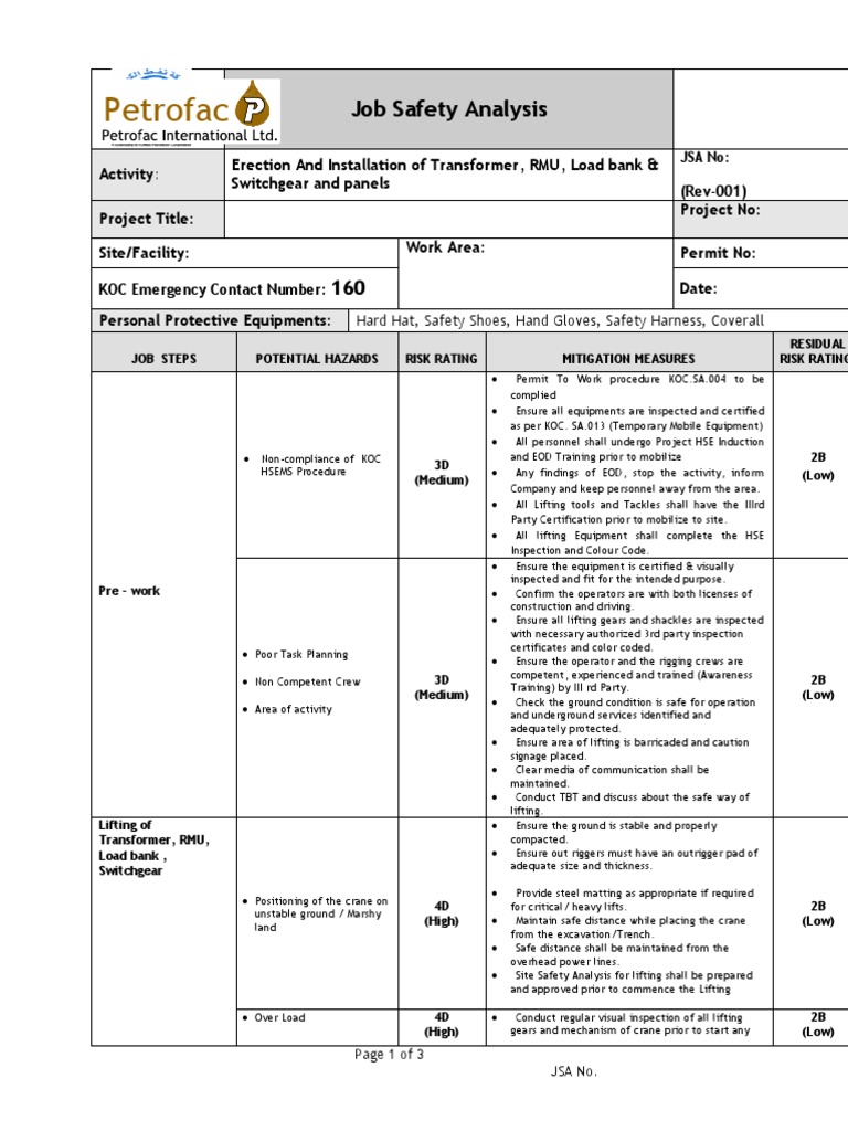 JSA Erection and Installation of Switchgear 1 | PDF | Crane (Machine ...