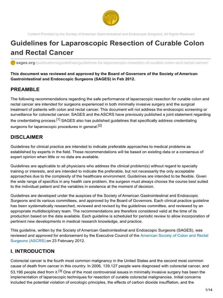 Guidelines For Laparoscopic Resection of Curable Colon and Rectal ...