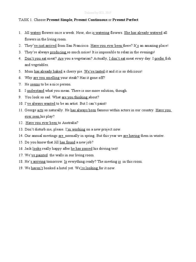 Present Simple Present Continuous Present Perfect Grammar Drills Warmers Coolers - 117983 | PDF