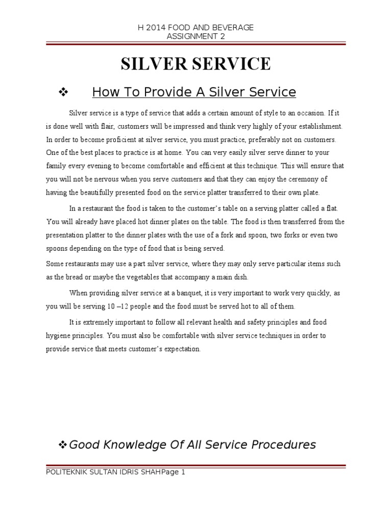 FNB Service | PDF | Tableware | Lunch