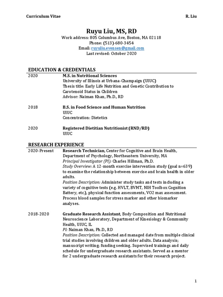 Ruyu Liu, MS, RD: Education & Credentials | PDF | Dietitian ...