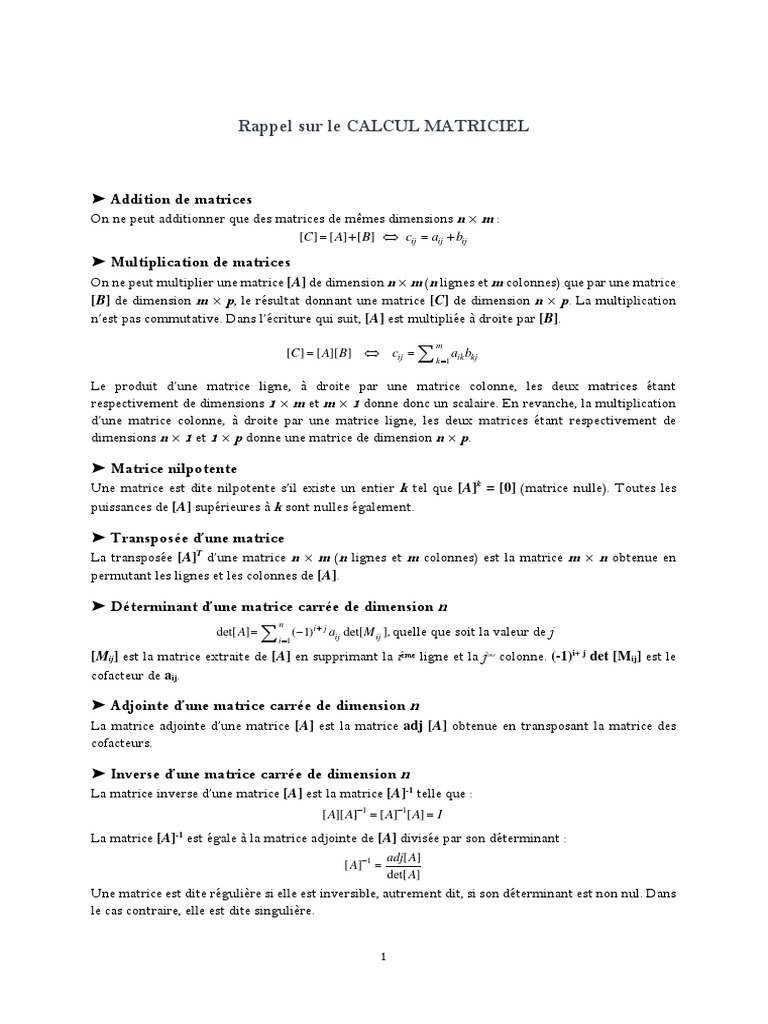 Rappel Sur Le CALCUL MATRICIEL | PDF | Matrice (Mathématiques) | Valeur propre, vecteur propre ...