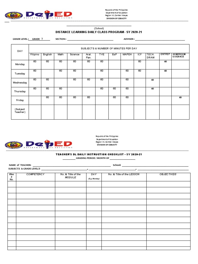 Distance Learning Daily Class Program - Sy 2020-21: - (School) | PDF ...
