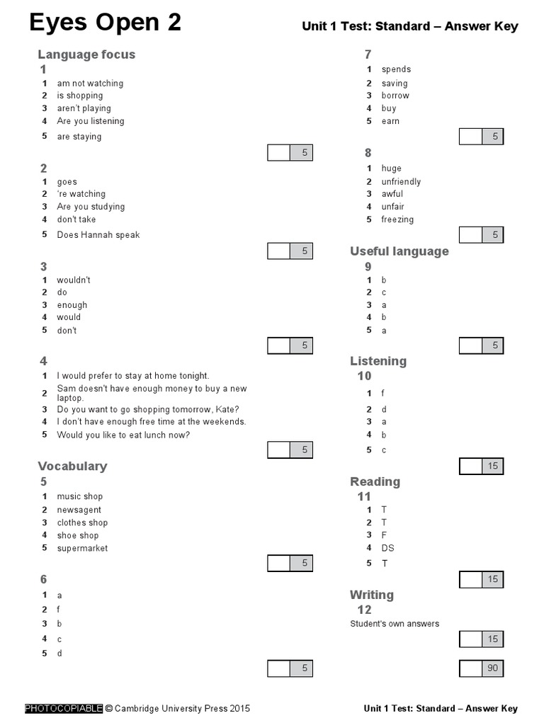 Language Focus 7 1: Unit 1 Test: Standard - Answer Key | PDF