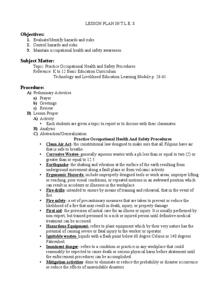 Lesson Plan | PDF | Personal Protective Equipment | Occupational Safety ...