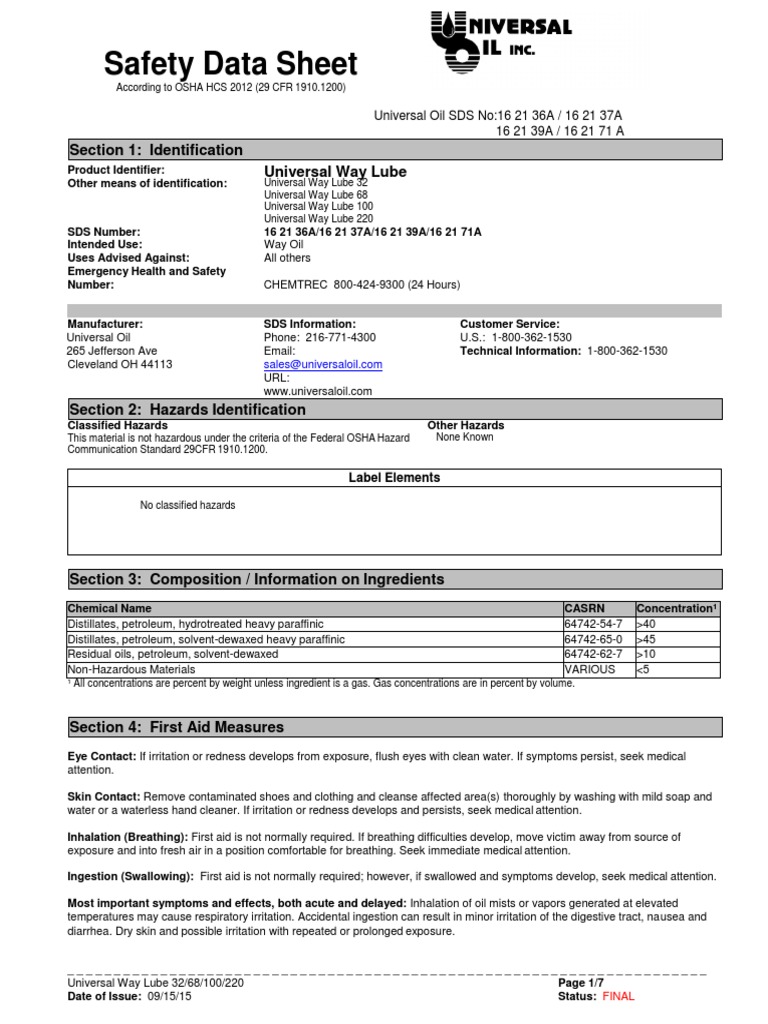 Universal Way Lube All Grades SDS | PDF | Toxicity | Occupational Hygiene