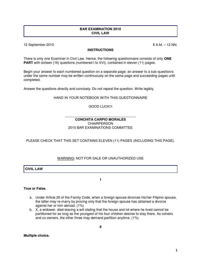 Civil Law Bar Examination 2010-2019 | PDF | Marriage | Mortgage Law