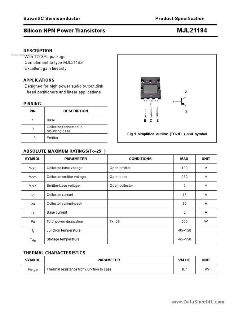 High Power Silicon NPN Transistor for Audio and Linear Applications ...