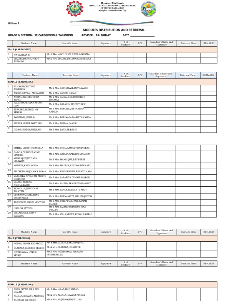 Modules Distribution and Retrieval: Grade & Section: 12 Caregiving ...