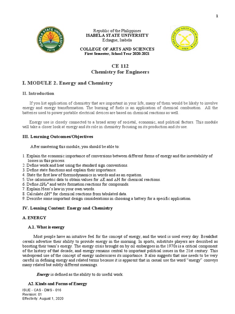 Ce 112 Module 2 Energy and Chemistry | PDF | Heat | Mole (Unit)