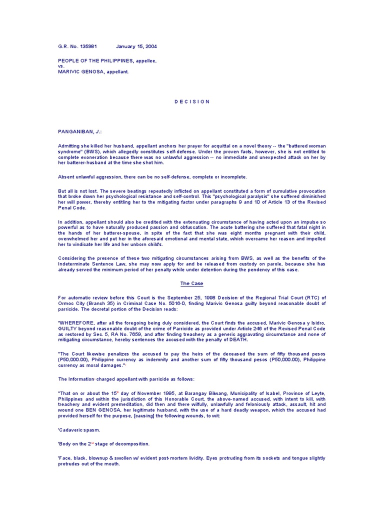 People vs. Genosa, G.R. No. 135981. January 15, 2004 | PDF ...