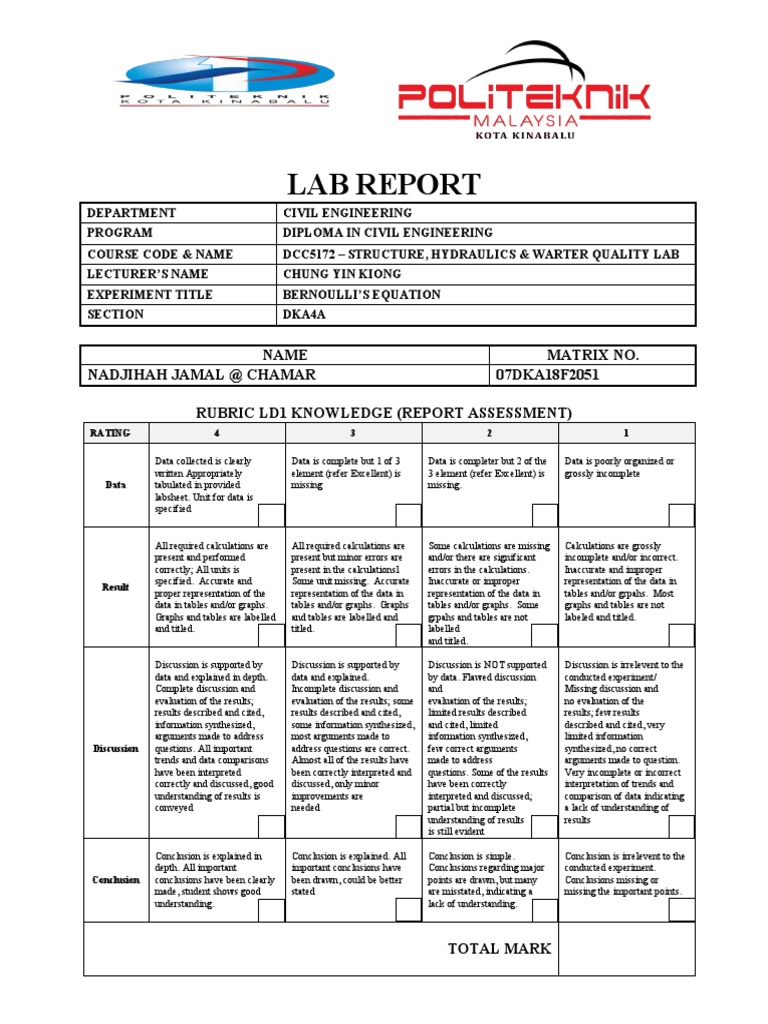 Bernoulli Equation Lab Report | PDF | Fluid Dynamics | Pressure Bernoulli Equation Lab Report | PDF | Fluid Dynamics | Pressure