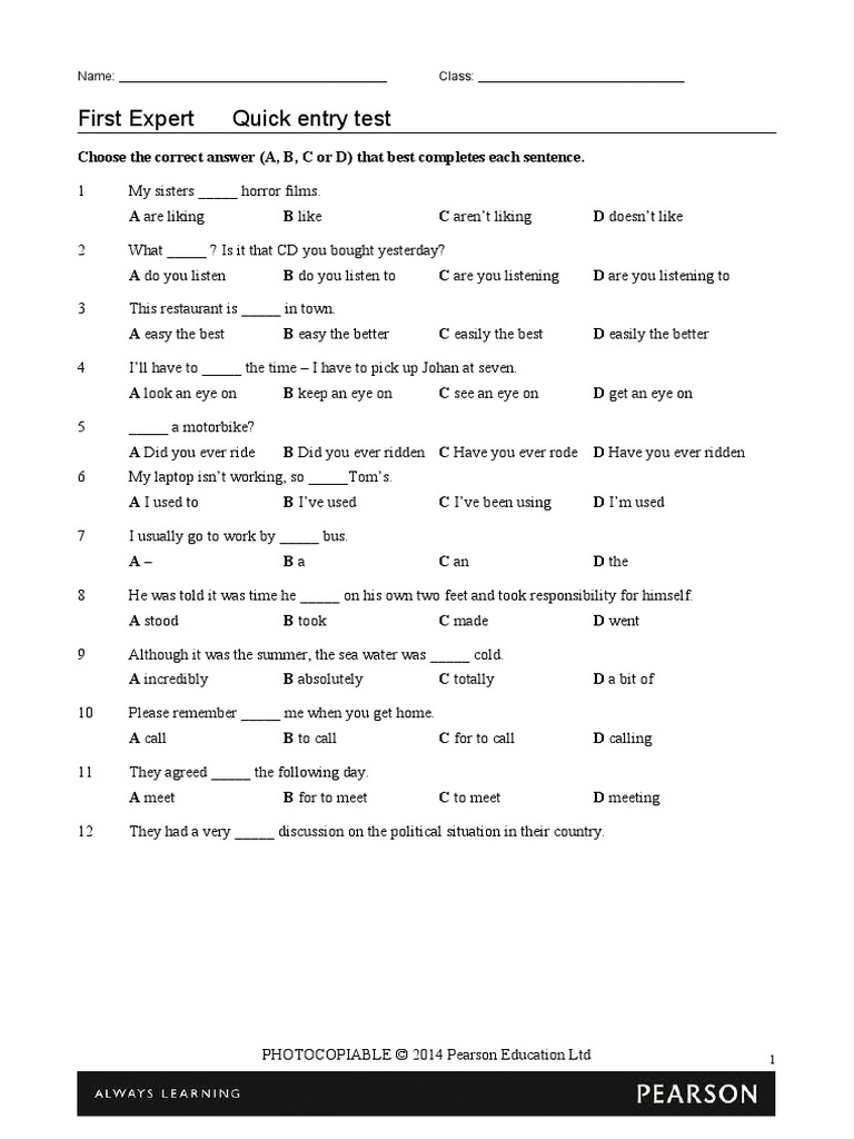 First Certificate Quick Entry Test | PDF