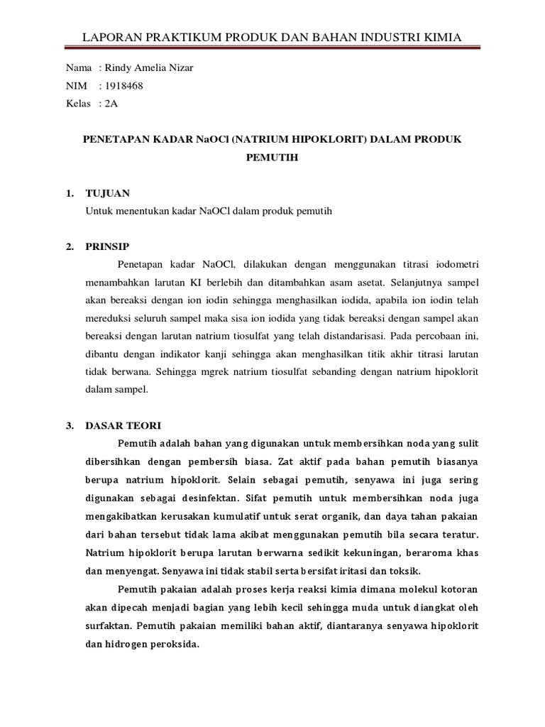 2A - RINDY AMELIA N - PBIK PENETAPAN KADAR NaOCl PDF | PDF