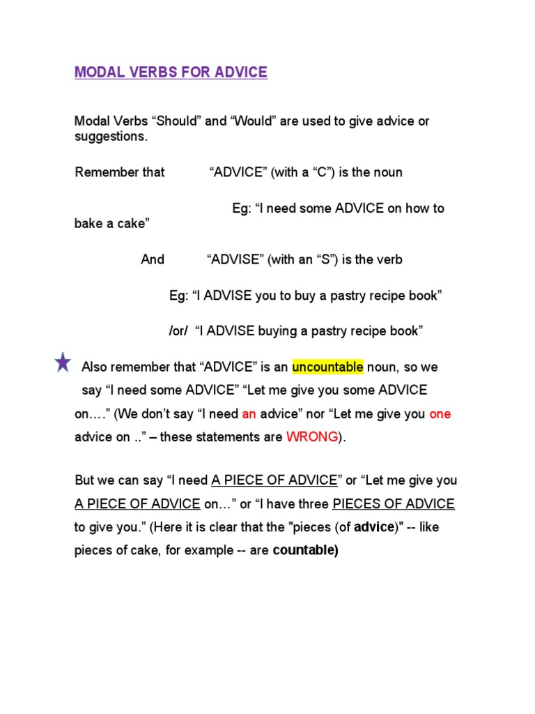MODAL VERBS FOR ADVICE + Activities | Download Free PDF | Verb | Morphology