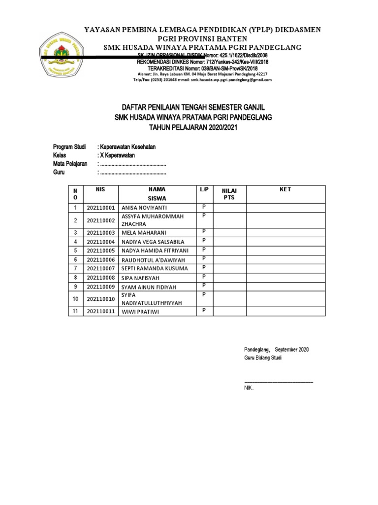 Format Nilai PTS Kelas X | PDF