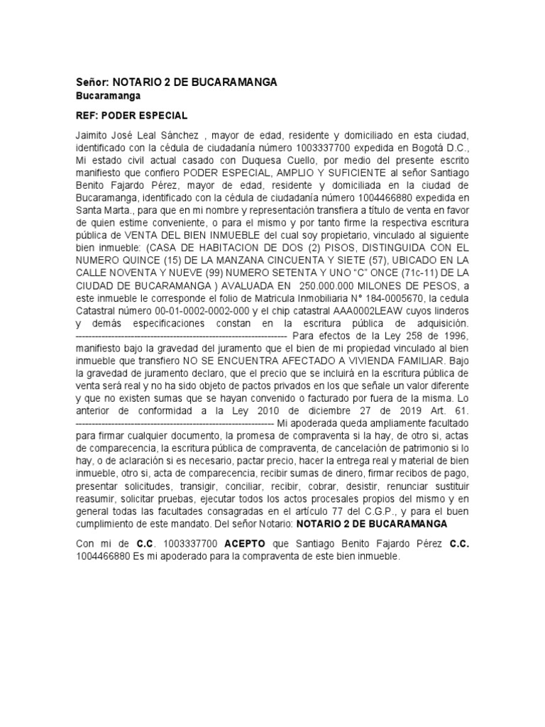 Poder Especial Compraventa Inmuble | PDF | Información del gobierno | Justicia