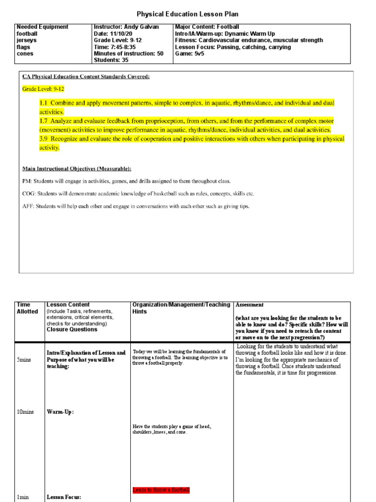 Football Lesson Plan for Grades 9-12 | PDF | Lesson Plan | Education Theory