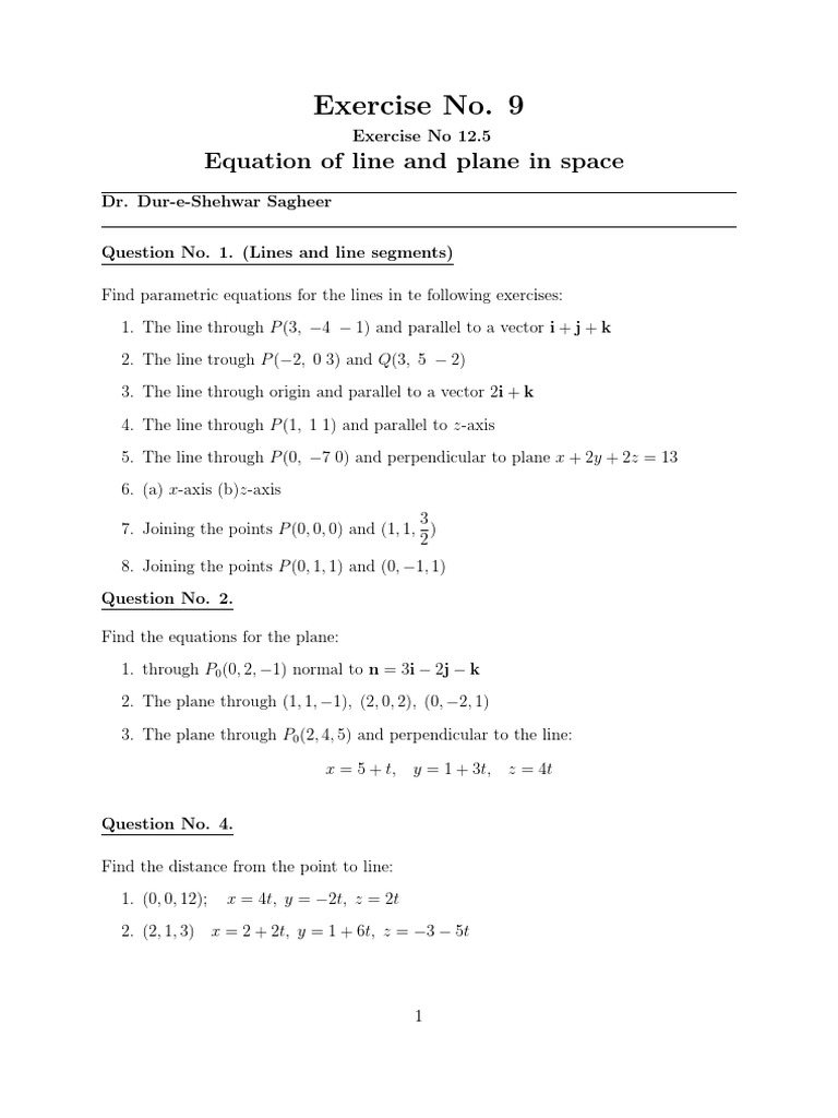 Parametric Equations, Lines, Planes, and Angles in Space: Solutions to ...