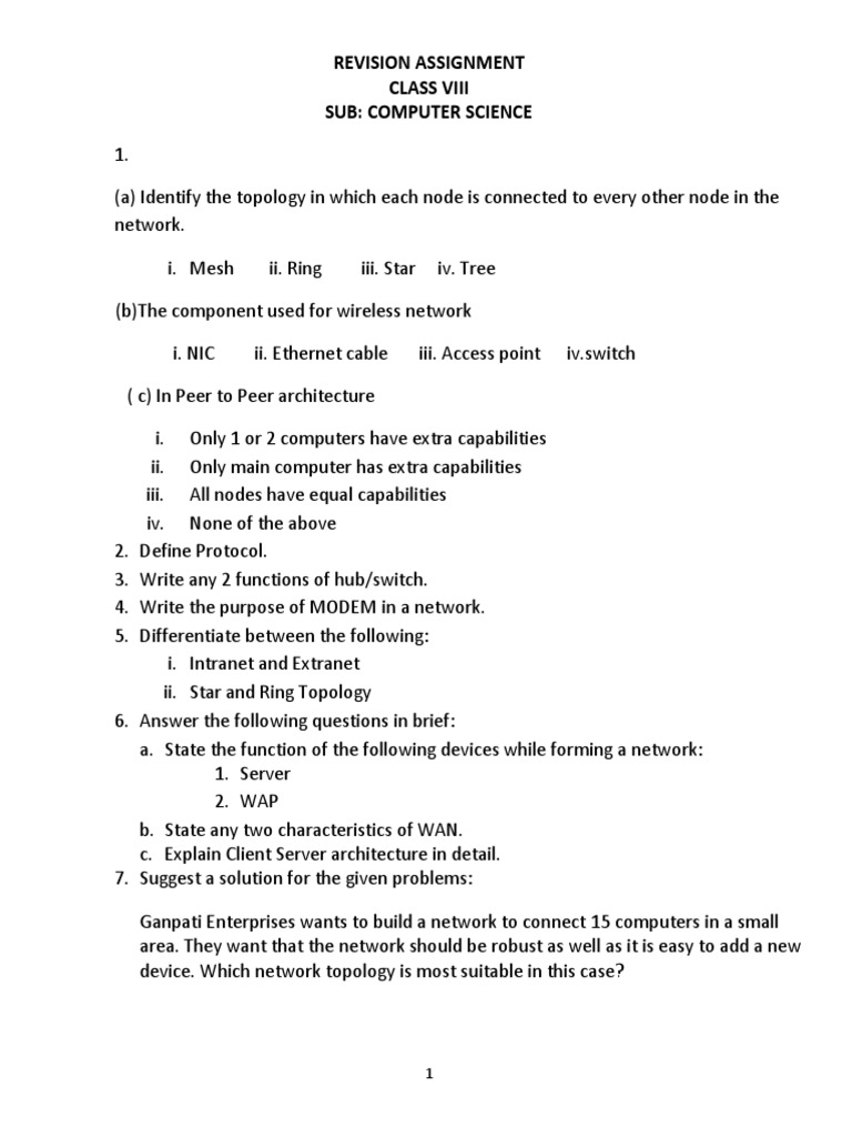 Class 8 Revision Assignment-NETWORKING | PDF | Network Topology ...