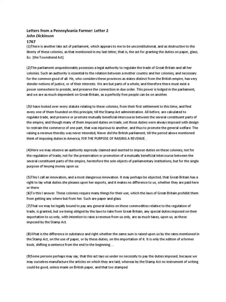 John Dickinson: Letters From A Pennsylvania Farmer: Letter 2 1767 | PDF ...