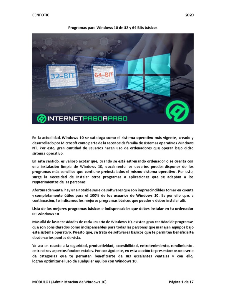 Programas para Windows 10 de 32 y 64 Bits PDF | Descargar gratis PDF ...